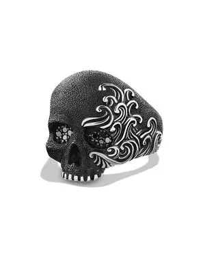 David Yurman Waves Skull Ring In Sterling Silver, 24mm - Black Diamond