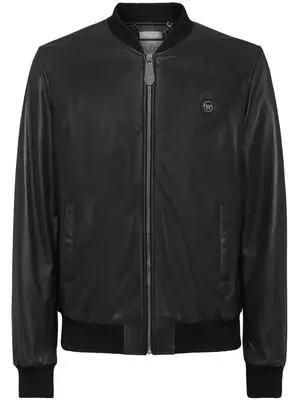 Philipp Plein Leather Jacket With Logo Patch - Black