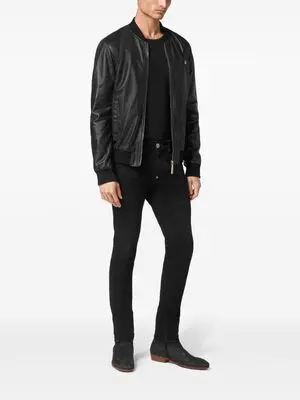 Philipp Plein Leather Jacket With Logo Patch - Black