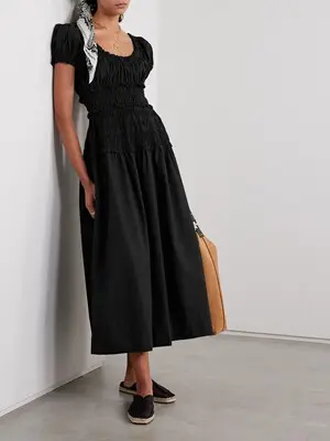 DÔEN Leanne Shirred Organic Cotton-voile Midi Dress - Black
