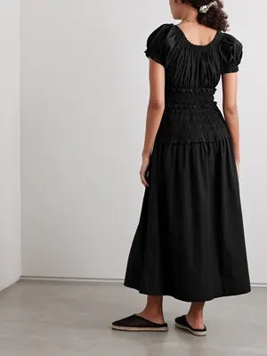 DÔEN Leanne Shirred Organic Cotton-voile Midi Dress - Black