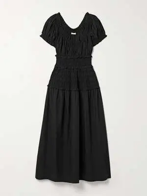 DÔEN Leanne Shirred Organic Cotton-voile Midi Dress - Black