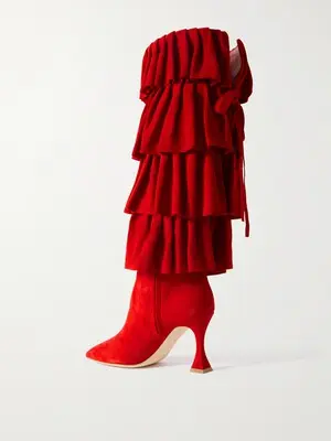Manolo Blahnik Mifalone 90 Tiered Ruffled Knee Boots - Red