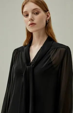 Lilysilk Bow Tie Sheer Silk Blouse - Black
