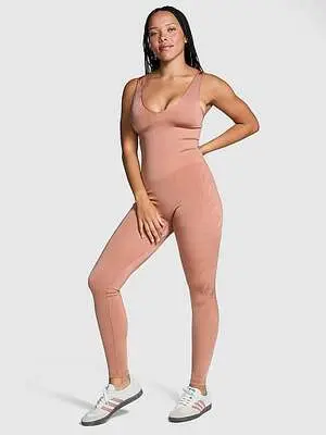Pink Satin Seamless Plunge Workout Onesie Beige