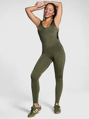 Pink Satin Seamless Plunge Workout Onesie - Green