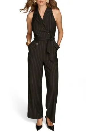 Donna Karan New York Stripe Belted Jumpsuit - Black/cream
