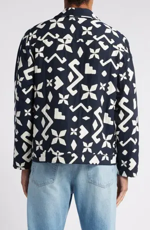 Wax London Iggy Block Geo Jacquard Jacket In Navy/Ecru - 50% Off