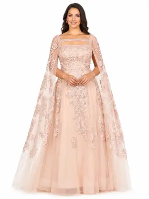 LARA NEW YORK Lace Embroidered Gown With Long Cape Sleeves - Blush