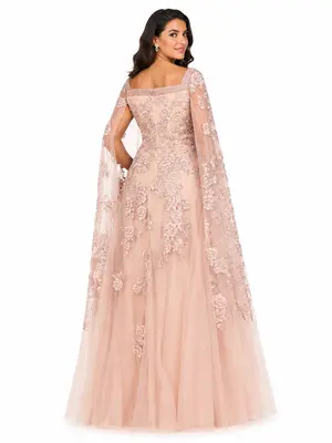 LARA NEW YORK Lace Embroidered Gown With Long Cape Sleeves