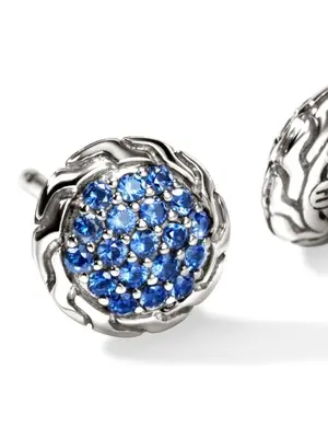 John Hardy Carved Chain Sapphire Stud Earrings - Silver