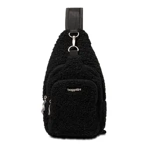 BAGGALLINI Central Park Sling Bag Black Faux Sherling