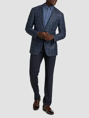 Giorgio Armani Windowpane Plaid Wool Jacket - Navy Tan