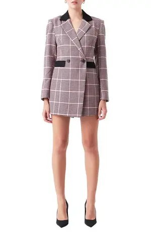 Endless Rose Houndstooth Check Long Sleeve Romper - Pink Multi