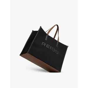 REISS Brand Appliqué Canvas Tote Bag - Black