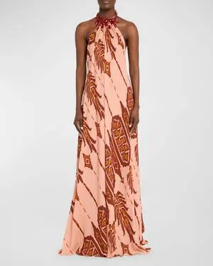 Johanna Ortiz Johanna Ortiz Mohican Song Embellished Halter Maxi Dress - Apacheria Salmon-wine-orange