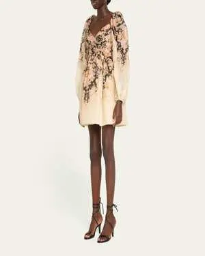 Zimmermann Floral-print Long-sleeve Draped Mini Dress