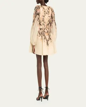 Zimmermann Floral-print Long-sleeve Draped Mini Dress