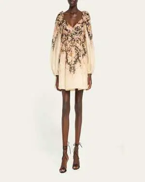 Zimmermann Floral-print Long-sleeve Draped Mini Dress