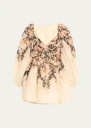 Zimmermann Floral-print Long-sleeve Draped Mini Dress
