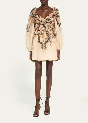 Zimmermann Floral-print Long-sleeve Draped Mini Dress