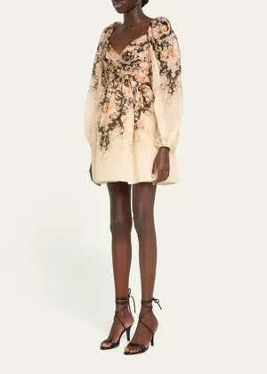 Zimmermann Floral-print Long-sleeve Draped Mini Dress