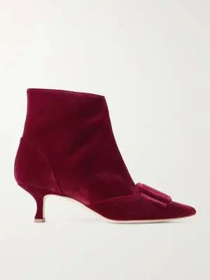 Manolo Blahnik Baylow 50 Buckled Velvet Ankle Boots - Red