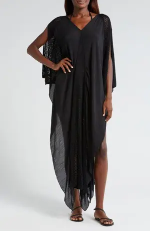Elan Open Stitch Detail Cover-up Caftan Dress - Black