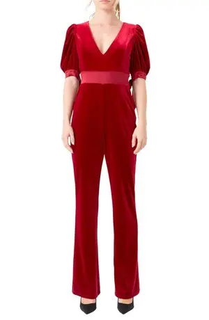 Endless Rose Bow Tie Velvet Jumpsuit - Rouge