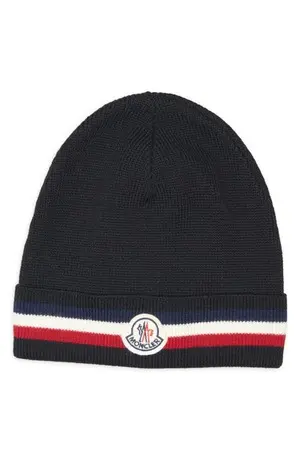 Moncler Tricolor Stripe Ribbed Wool Beanie - Black