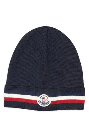 Moncler Tricolor Stripe Ribbed Wool Beanie - Navy Blue