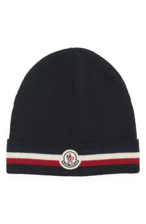 Moncler Tricolor Stripe Ribbed Wool Beanie - Navy Blue/navy Blue