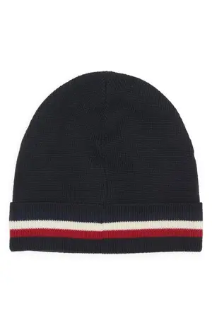 Moncler Tricolor Stripe Ribbed Wool Beanie - Navy Blue/navy Blue