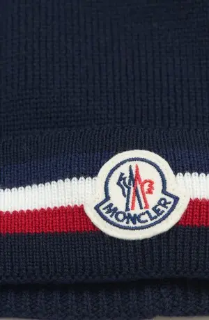 Moncler Tricolor Stripe Ribbed Wool Beanie - Navy Blue/navy Blue