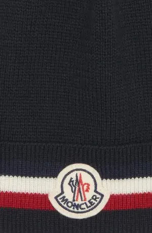 Moncler Tricolor Stripe Ribbed Wool Beanie - Navy Blue/navy Blue
