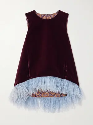 La DoubleJ Icon La Scala Feather-trimmed Cotton-velvet Top