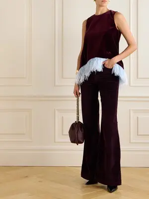 La DoubleJ Icon La Scala Feather-trimmed Cotton-velvet Top