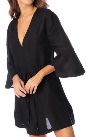 MAAJI Jade Joy Bell Sleeve Linen Cover-up Minidress - Black