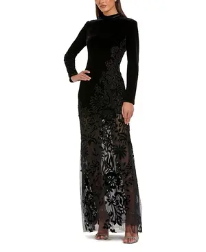 Mac Duggal Long Sleeve Sheer Floral Embroidered Velvet Gown - Black