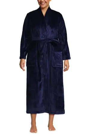 LANDS' END Tall Cozy Plush Long Wrap Robe - Deep Sea Navy