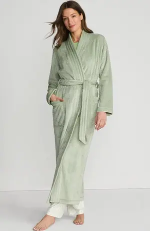 LANDS' END Cozy Plush Long Wrap Robe Washed Sage