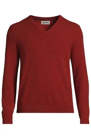 LANDS' END Fine Gauge Cashmere V-neck Sweater - Bourbon Donegal