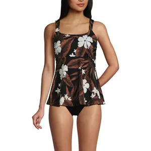 LANDS' END Adjustable Scoop Neck Flutter Tankini Top Black Floral Palm