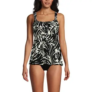 LANDS' END Adjustable Scoop Neck Flutter Tankini Top Black/egret White Leaf Scroll