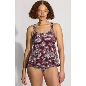 LANDS' END Adjustable Scoop Neck Flutter Tankini Top - Burgundy Island Scenic