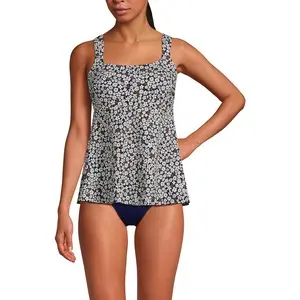 LANDS' END Adjustable Scoop Neck Flutter Tankini Top Deep Sea Navy Ditsy Floral