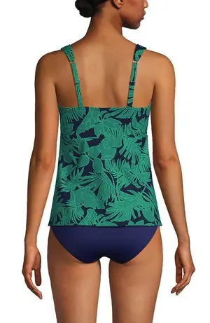 LANDS' END Adjustable Scoop Neck Flutter Tankini Top - Navy/emerald Palm Foliage
