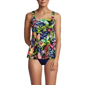 LANDS' END Adjustable Scoop Neck Flutter Tankini Top Navy/prism Pink Multi Palm