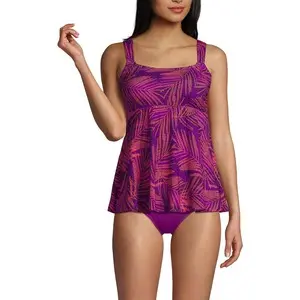 LANDS' END Adjustable Scoop Neck Flutter Tankini Top Violet Rose Stipple Palm
