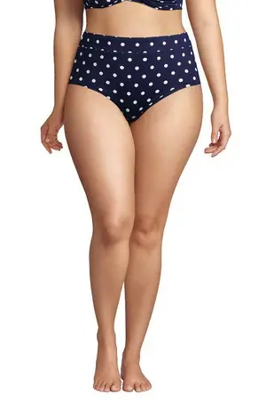 LANDS' END Lands' End Tummy Control High-Waisted Bikini Bottom Deep Sea Polka Dot
